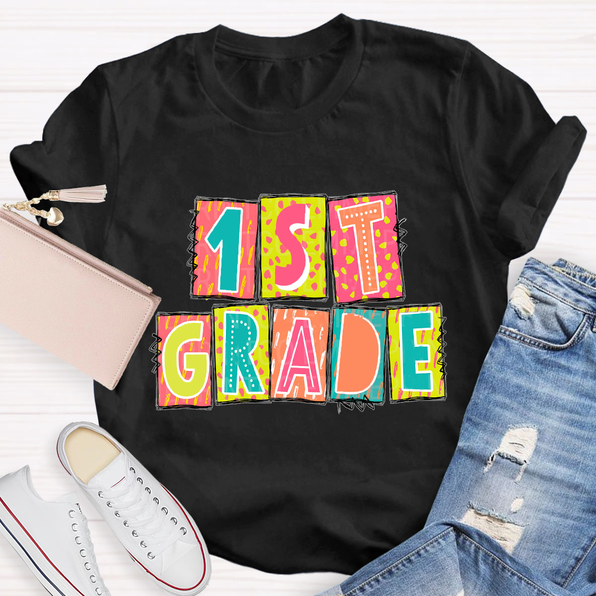 Personalized Grade Personalized Color Block 1st Grade Teacher T-Shirt