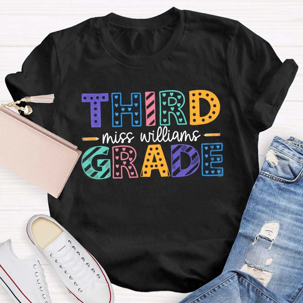 Personalized Name And Grade Third Grade Colorful Dots T-shirt