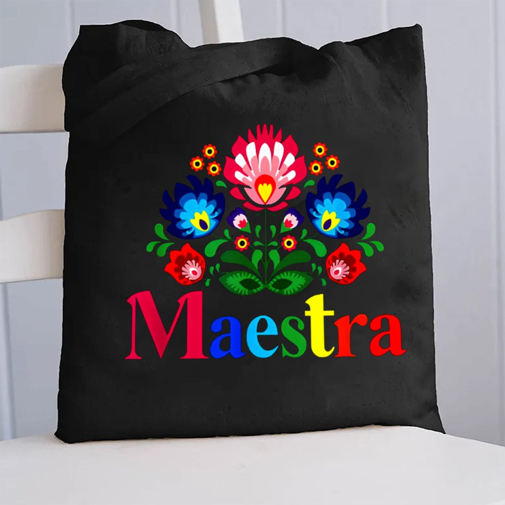 Maestra Teacher Colorful Flowers Bilingual Teacher Canvas Tote Bag