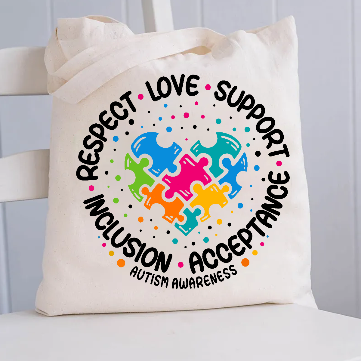 Love Support Acceptance Inclusion Respect Autism Awareness Canvas Tote