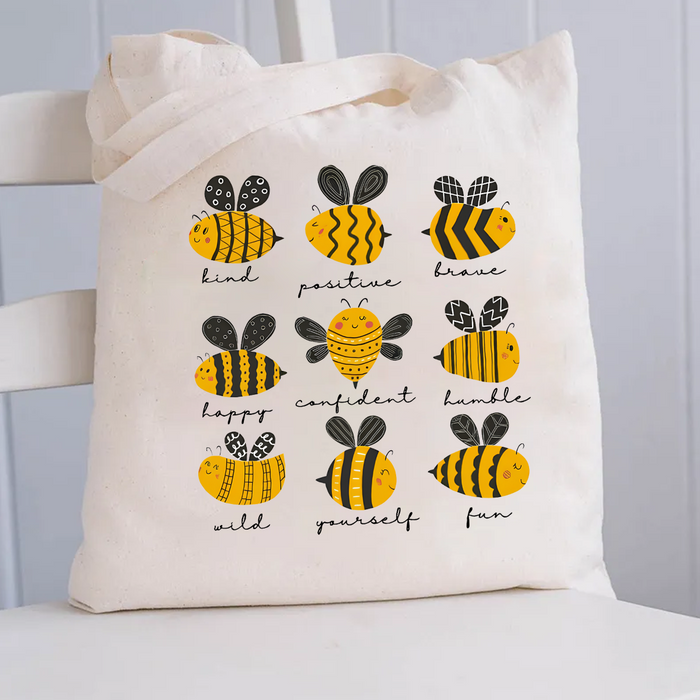 Bee Kind Positive Brave Happy Confident Humble Teacher Canvas Tote Bag