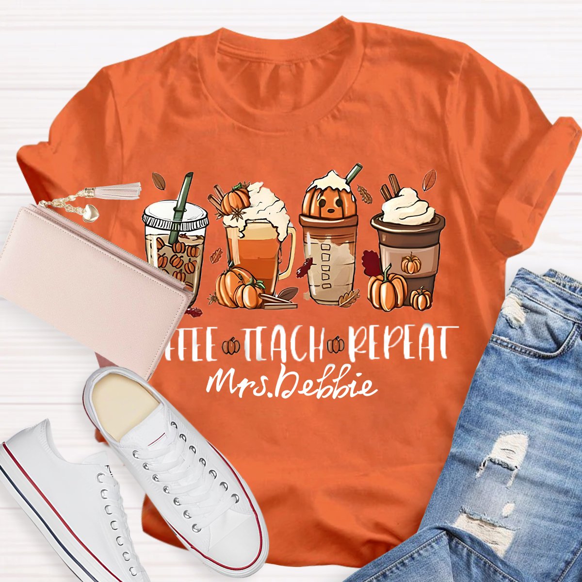 Personalized Name Halloween Coffee Teach Repeat Teacher T-Shirt