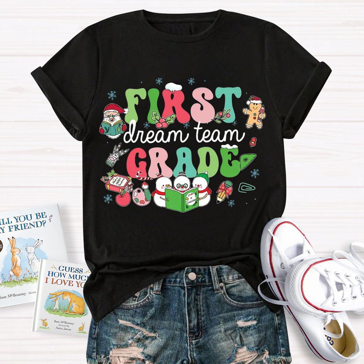 Personalized Grade Dream Team Christmas Snowman Reading A Book T-Shirt